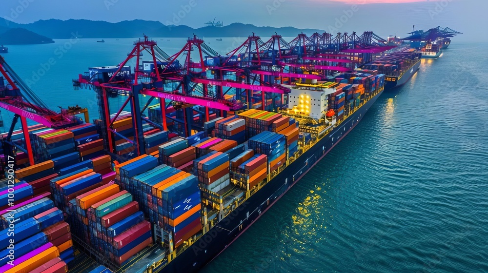 Container ship carrying container boxes import export dock with quay ...