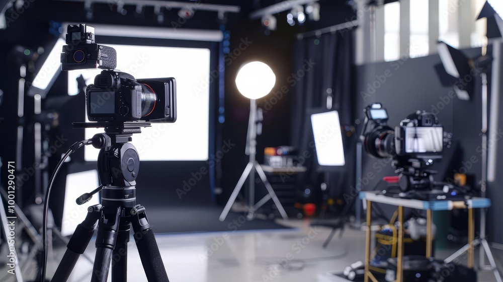 Content creation studio with professional lighting, camera setup, and ...