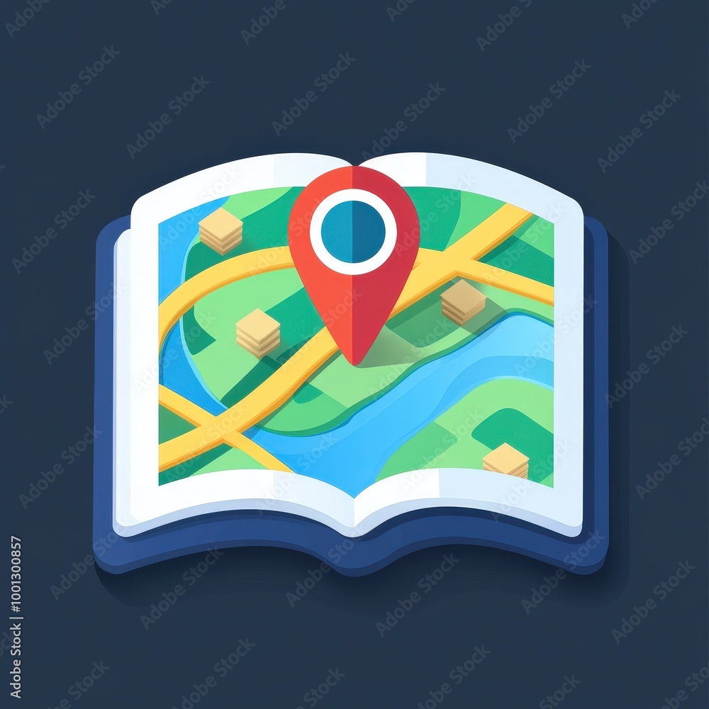 Stylized open map illustration featuring a location pin, showcasing ...