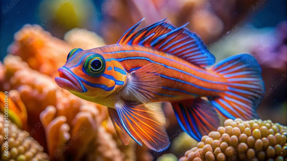 Vibrant orange and blue striped goby fish swims amidst coral reef, its ...