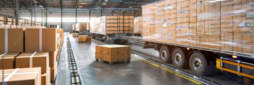 Cross-docking operation with pallets being transferred between trucks ...