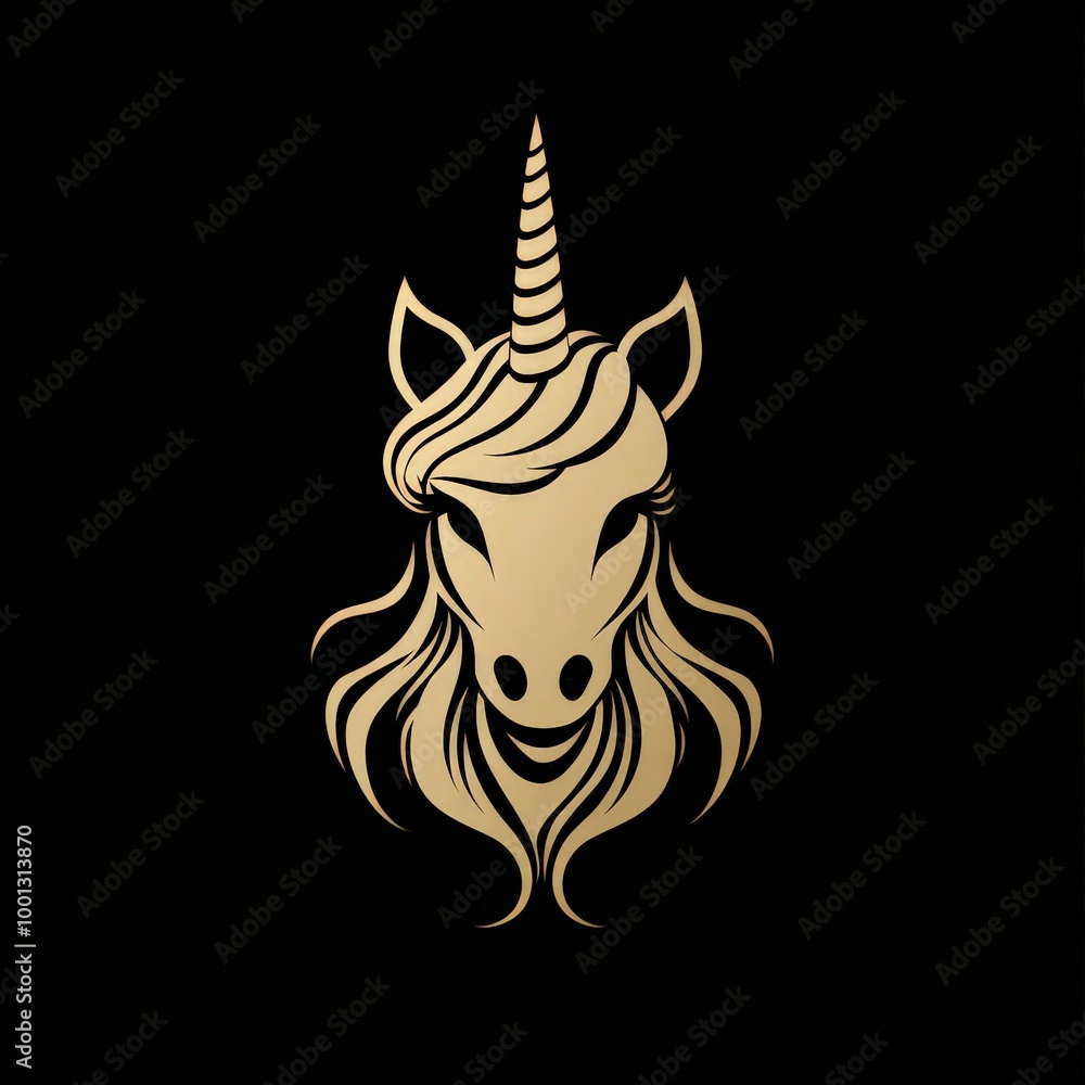 Stylized unicorn head illustration in gold on a black background ...