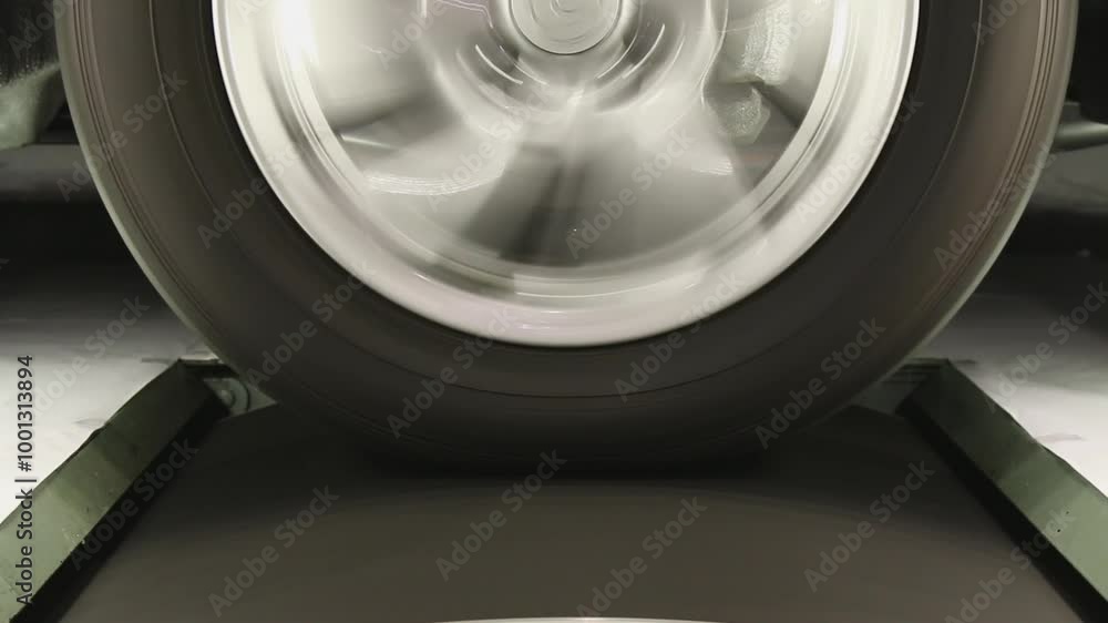 Close-up of spinning vehicle wheel with motion blur of rim and tire ...