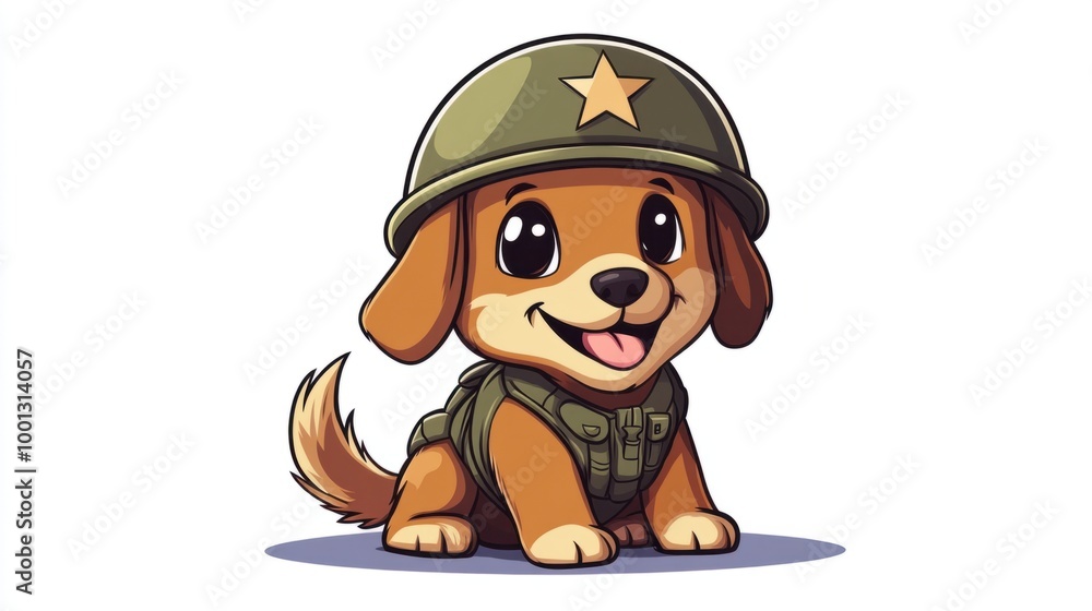 Cartoon army dog mascot wearing a military helmet, wagging its tail ...