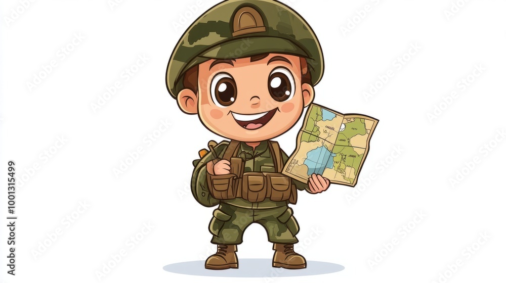 Cute cartoon army recruit with big round eyes and a friendly smile ...