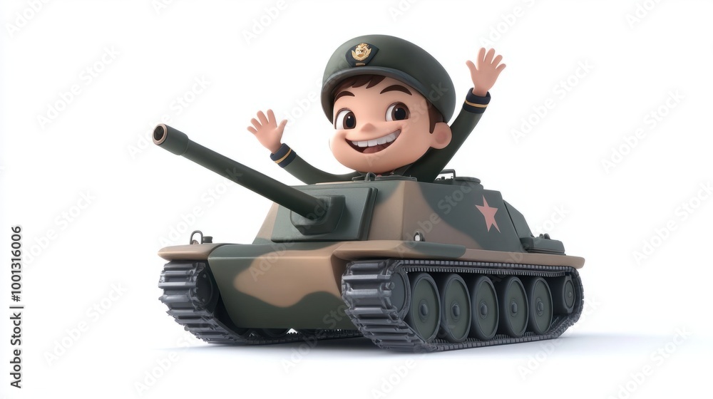 Cute cartoon tank driver in uniform, leaning out of the tank hatch and ...