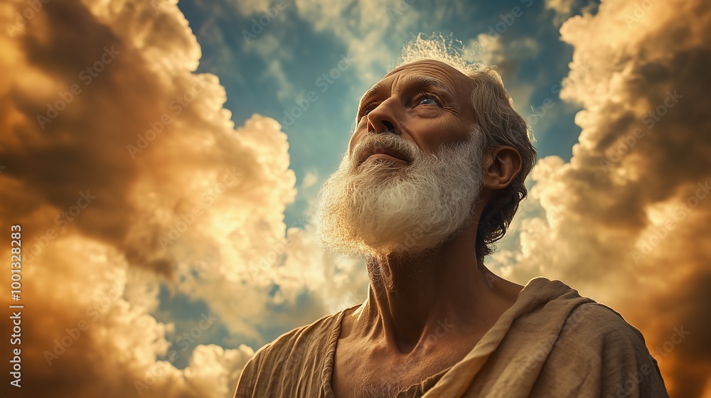 Abraham from the Bible with white beard looking up in the clouds at God ...