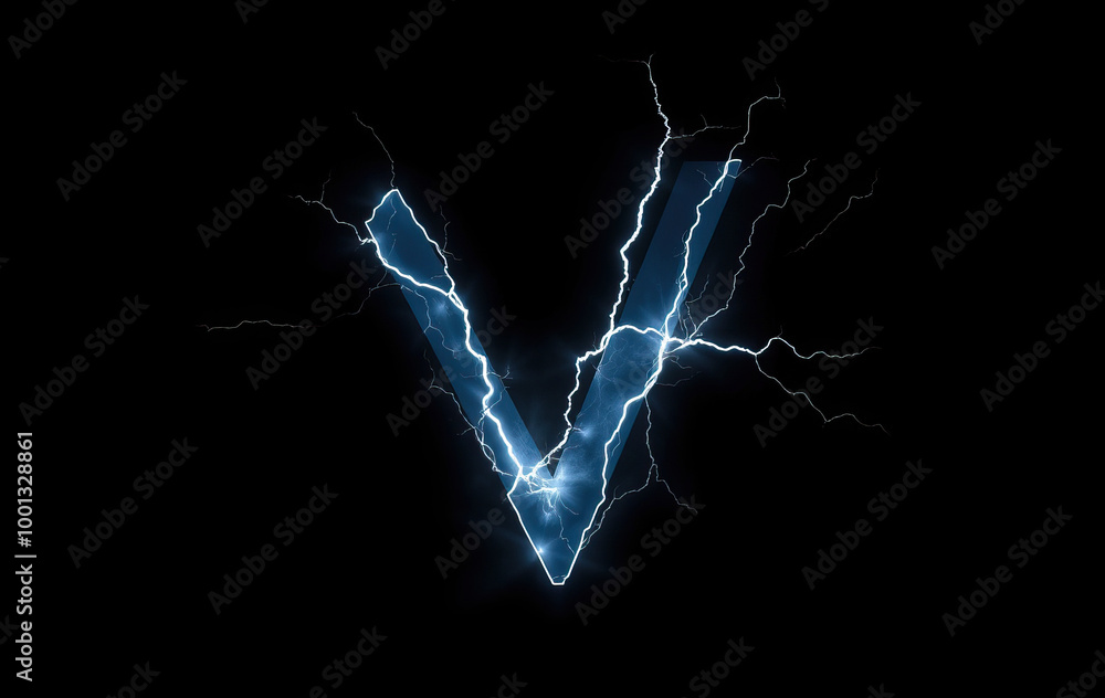 Letter V electric blue lightning bolt shape on black background dynamic ...