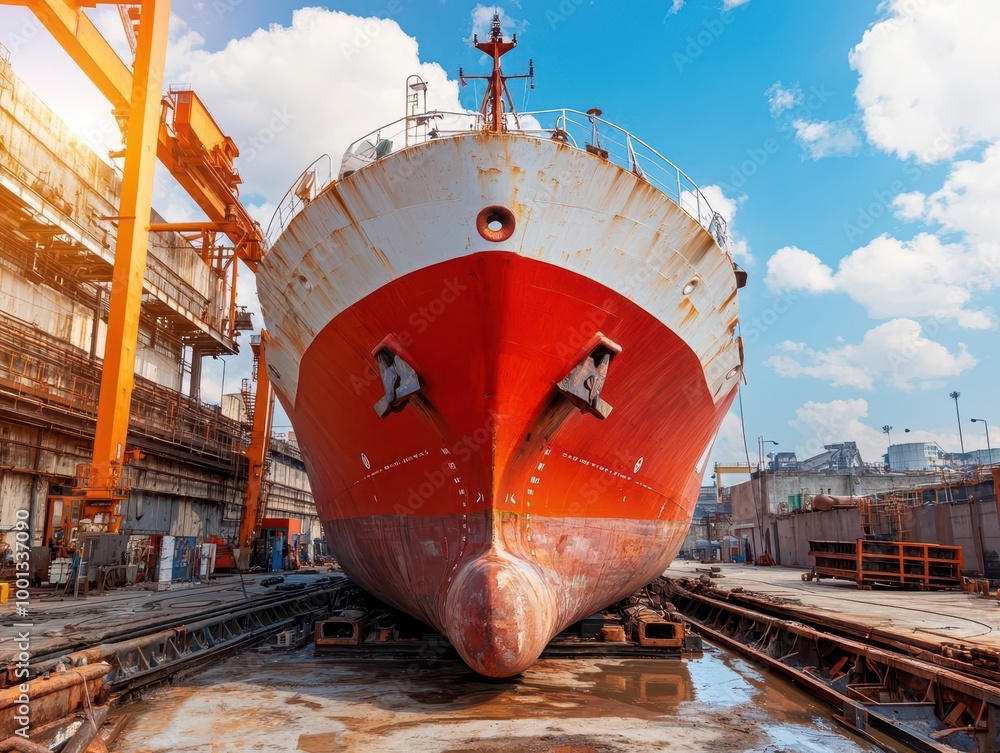 Container ship being repaired in dry dock, vessel maintenance ...