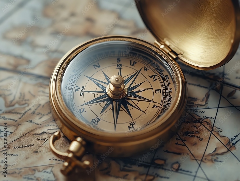 Antique compass resting on a vintage map, with the compass needle pointing north. Stock Photo ...