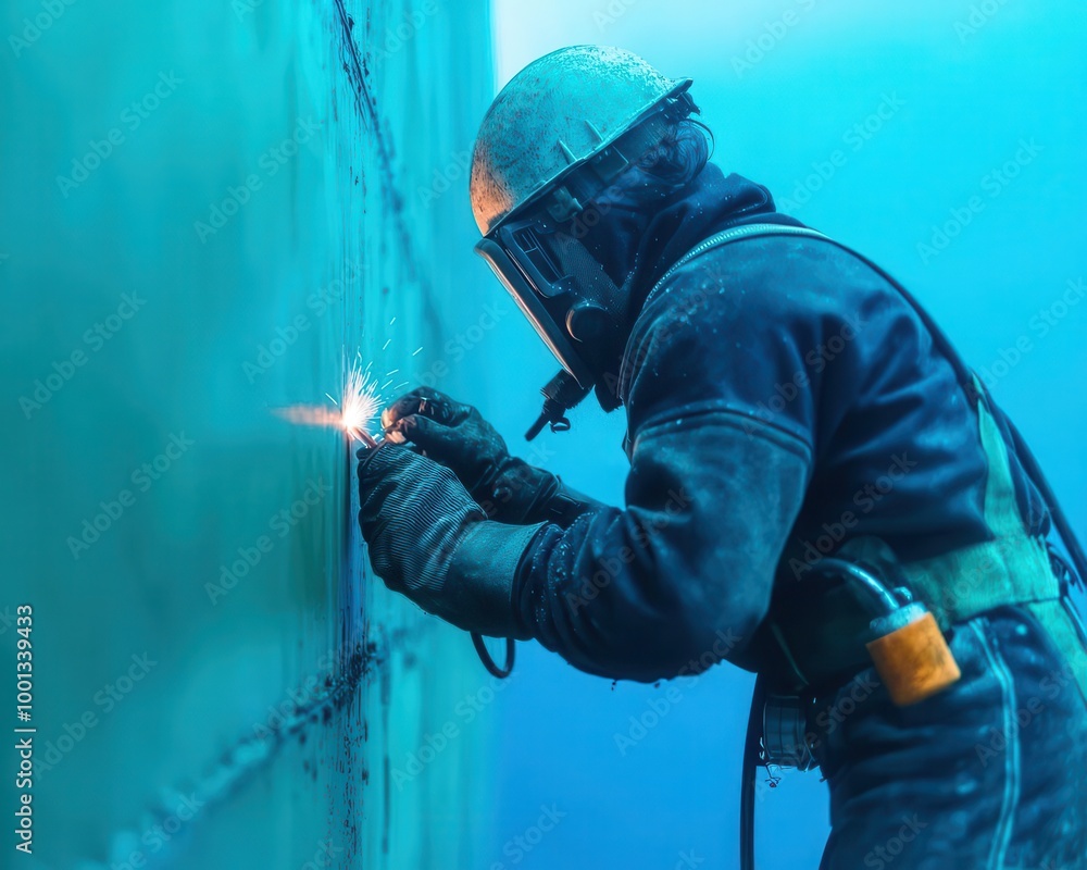 Shipyard workers welding underwater on a submerged vessel part ...