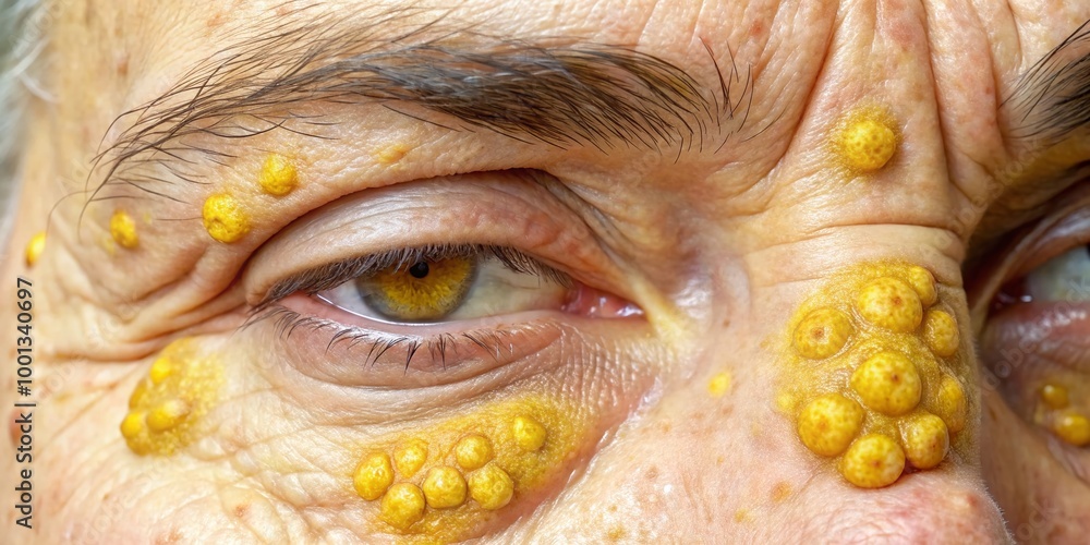 Yellowish fatty deposits on skin, characteristic of high cholesterol ...