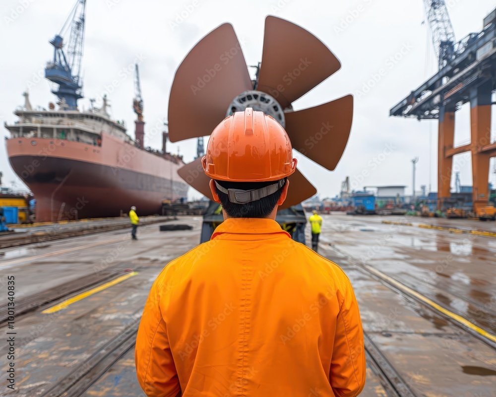 Shipyard workers testing the propulsion system of a new vessel, trial ...
