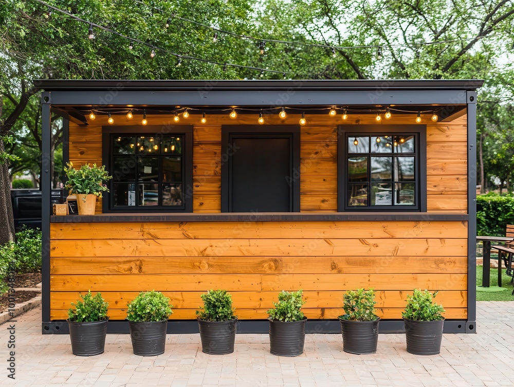 Rustic container coffee shop exterior with wooden cladding, string ...