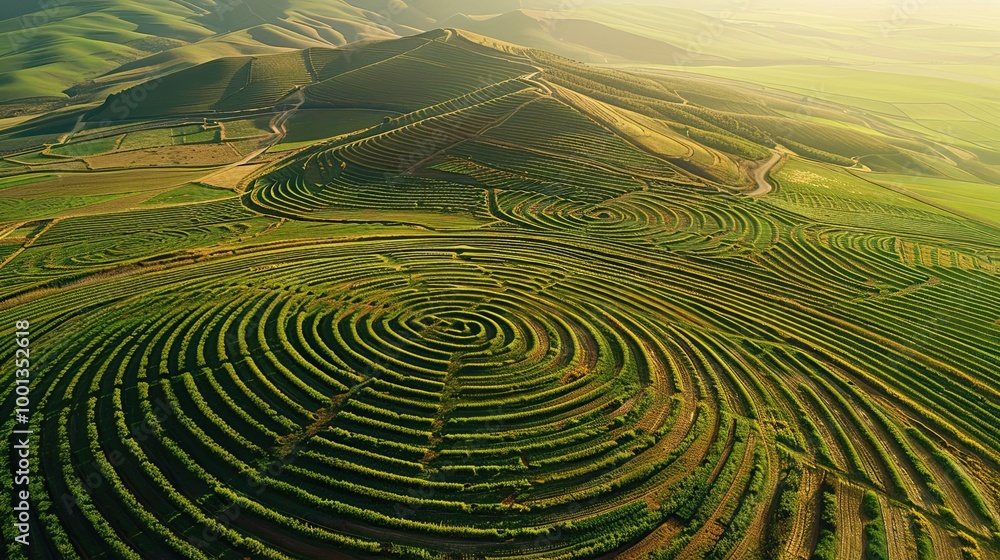 Vast landscape with circular irrigation and concentric crop fields ...
