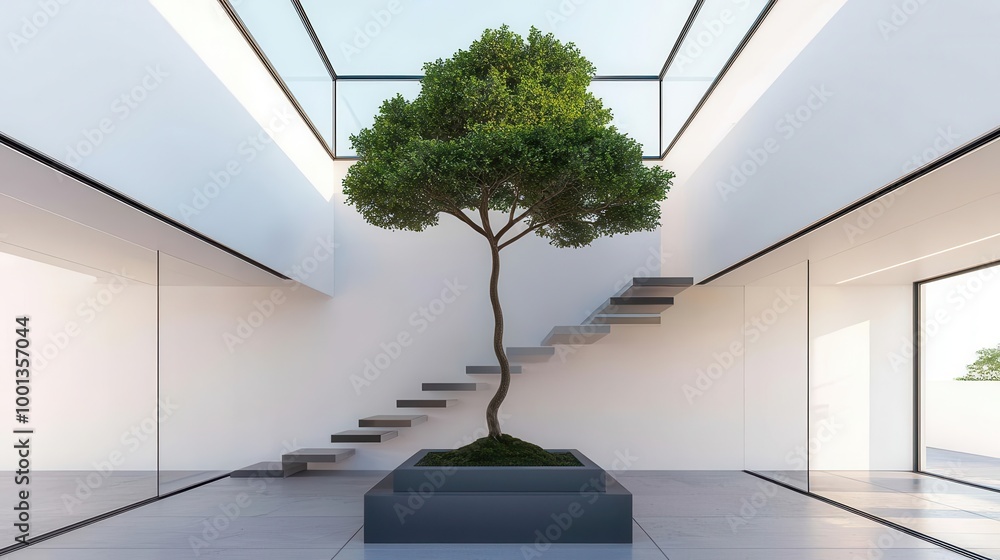 Two-story home with a central atrium featuring a large bonsai pine tree ...