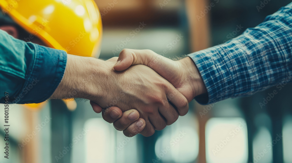 Architect and engineer construction workers shaking hands while working ...