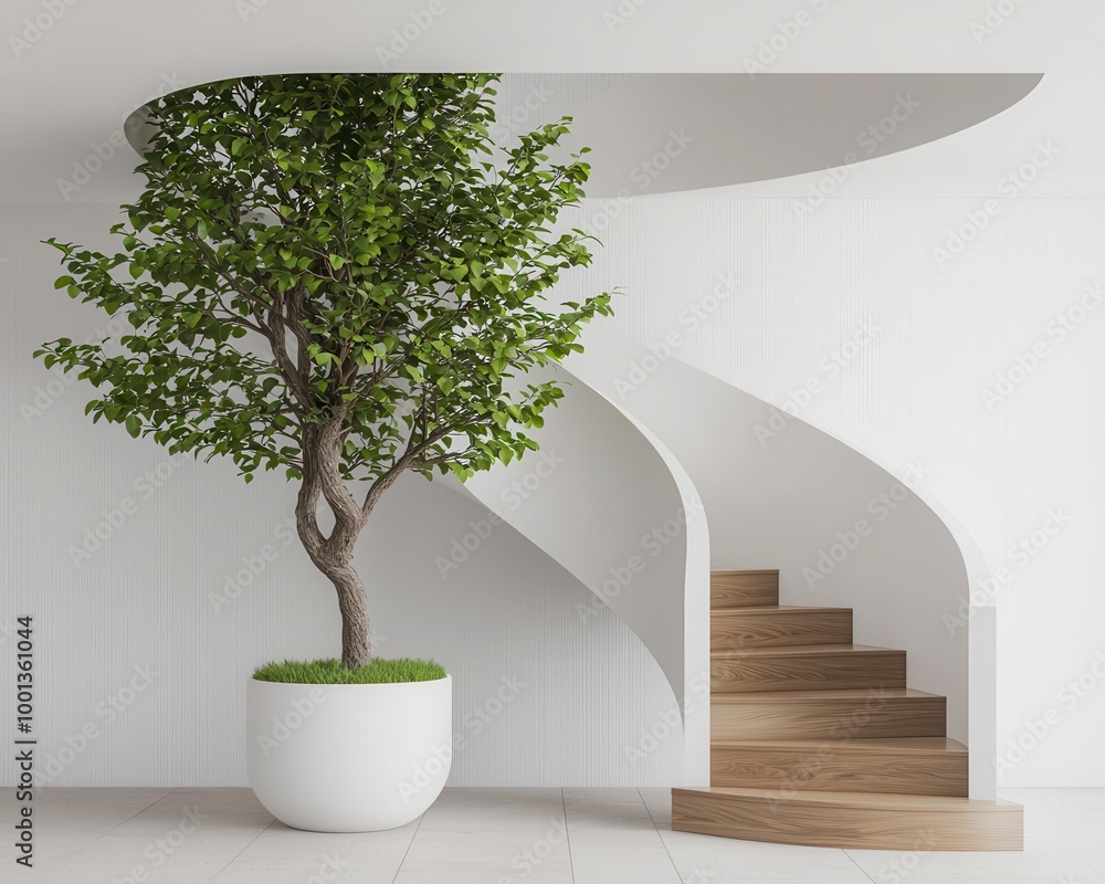 Double-height hallway with a large tree growing through a spiral ...