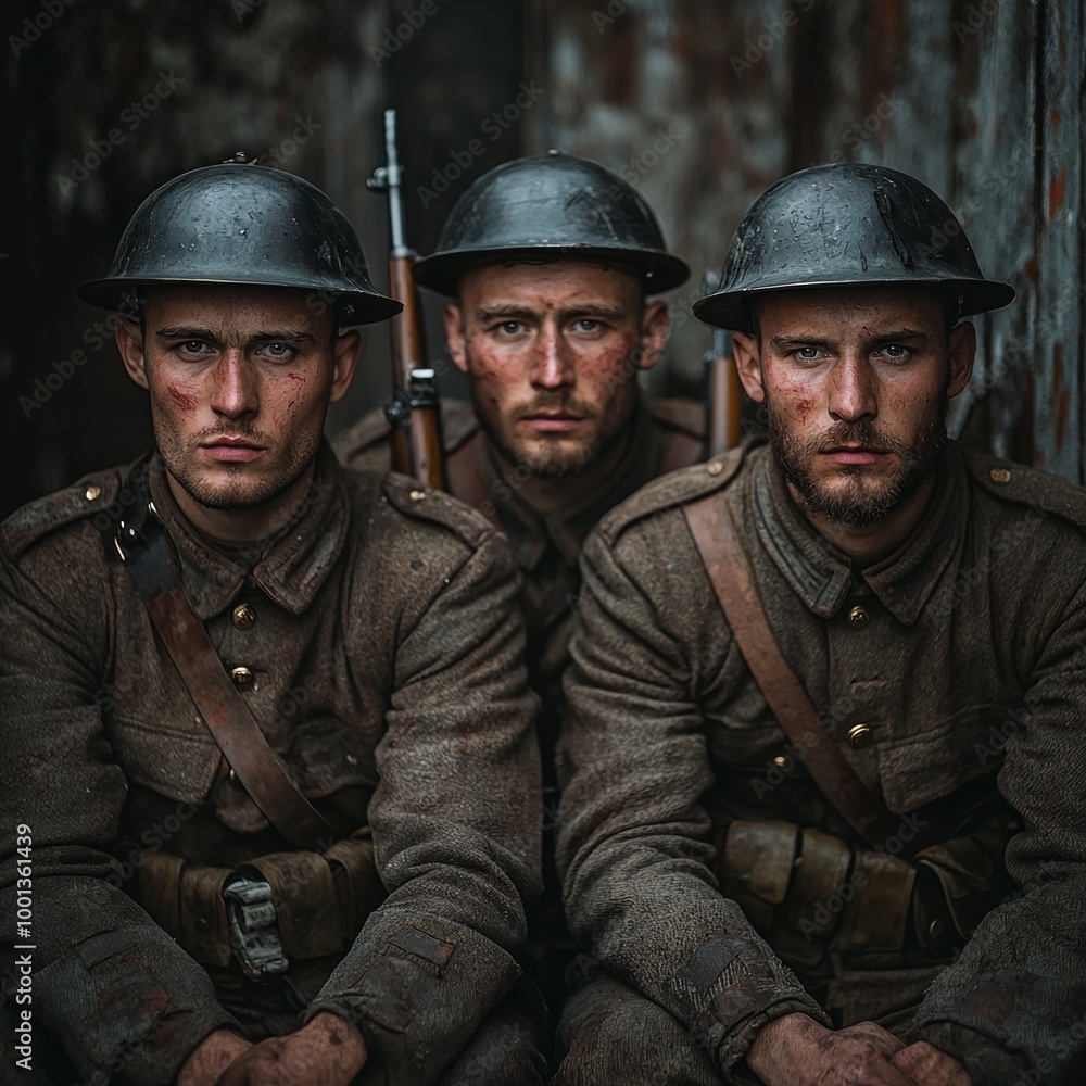 Three soldiers of the First World War sit together in a trench holding ...