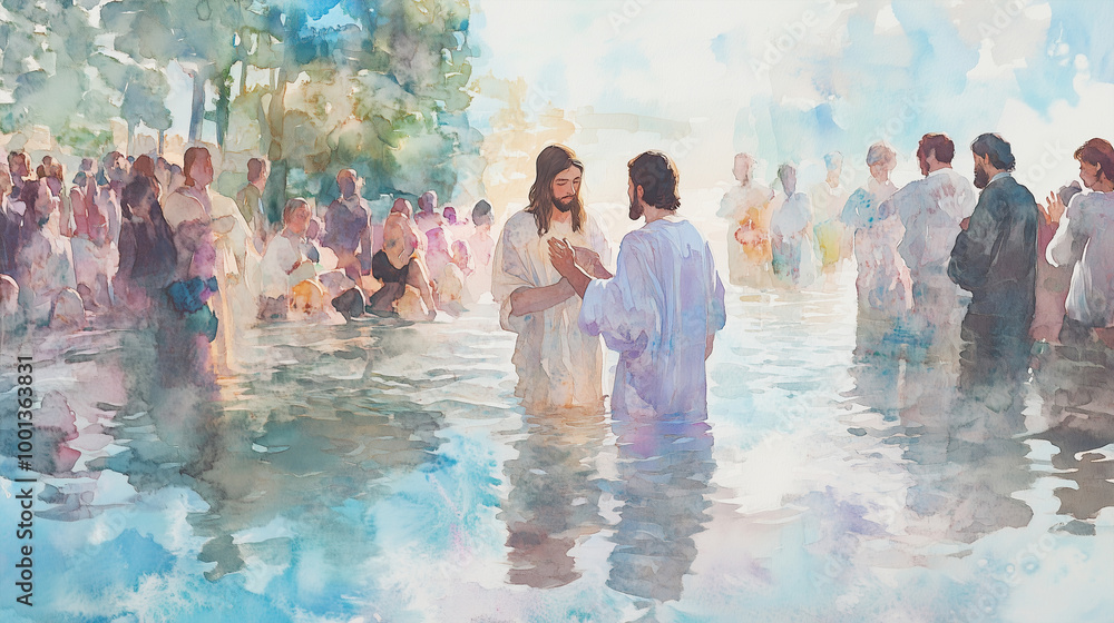 Watercolor painting, the Baptism of Jesus Christ by John the Baptist and the Holy Spirit in the ...