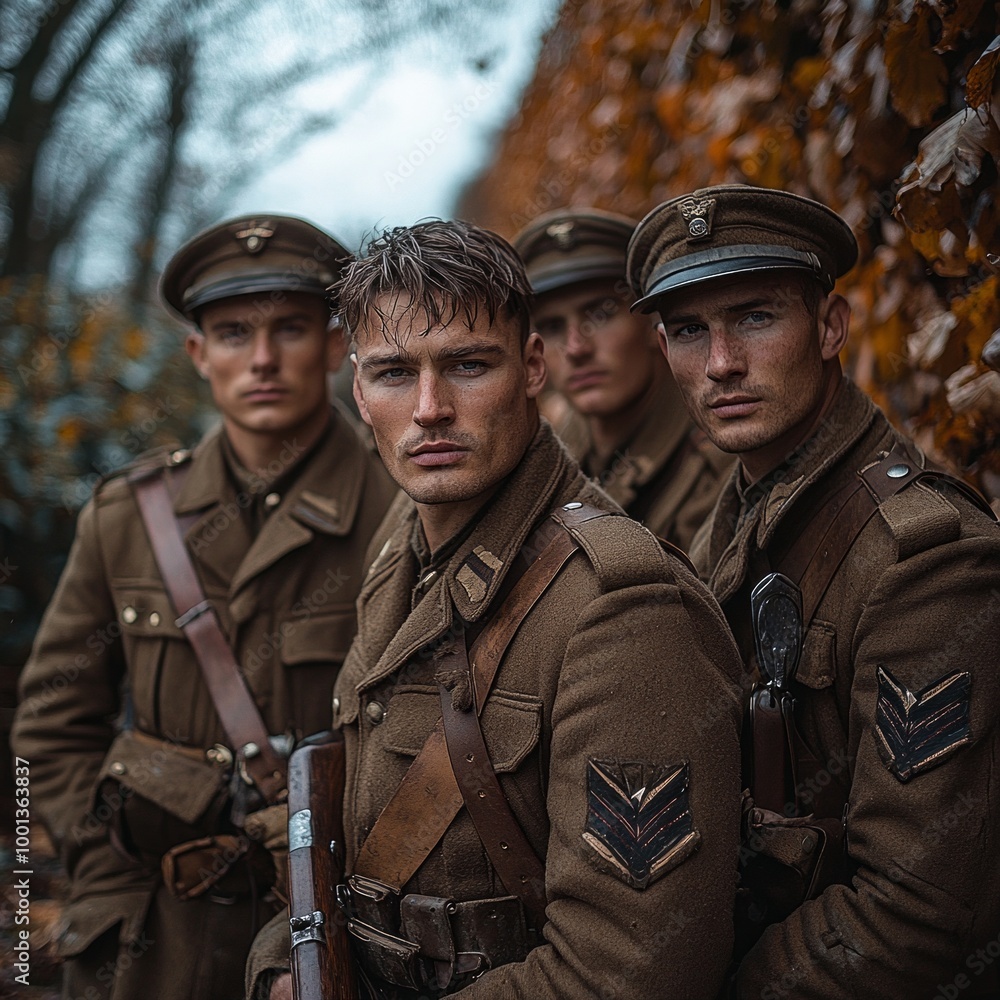 group of World War I soldiers stands together armed and dressed in ...