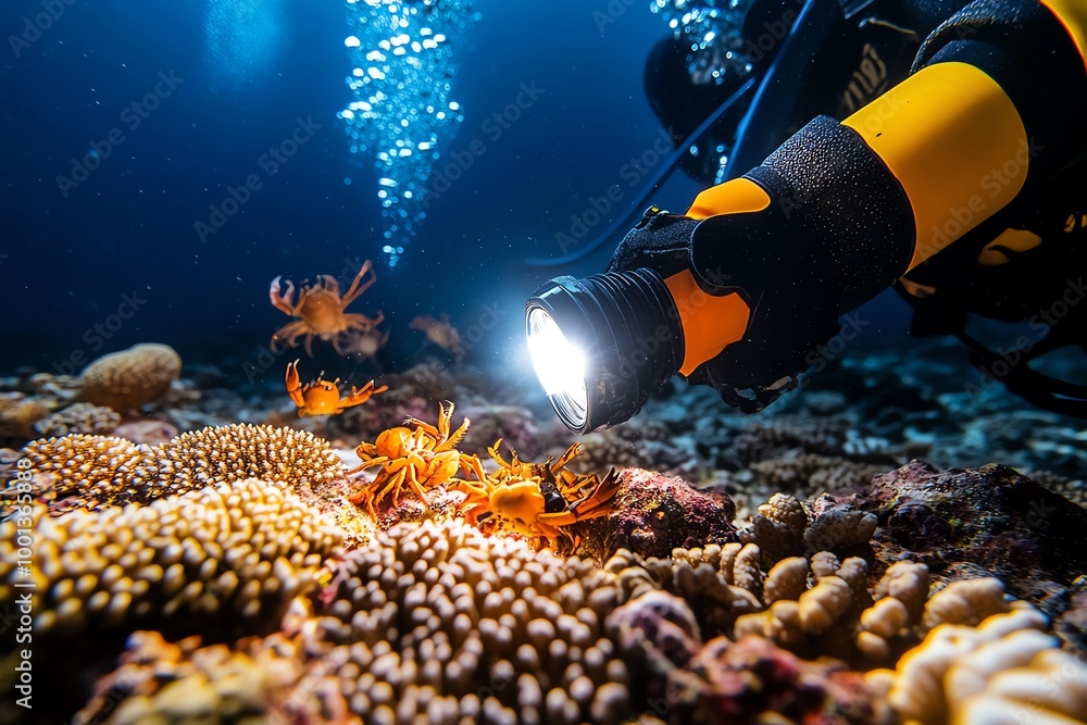 A coral reef at night, illuminated by a diverâ€™s light, revealing ...
