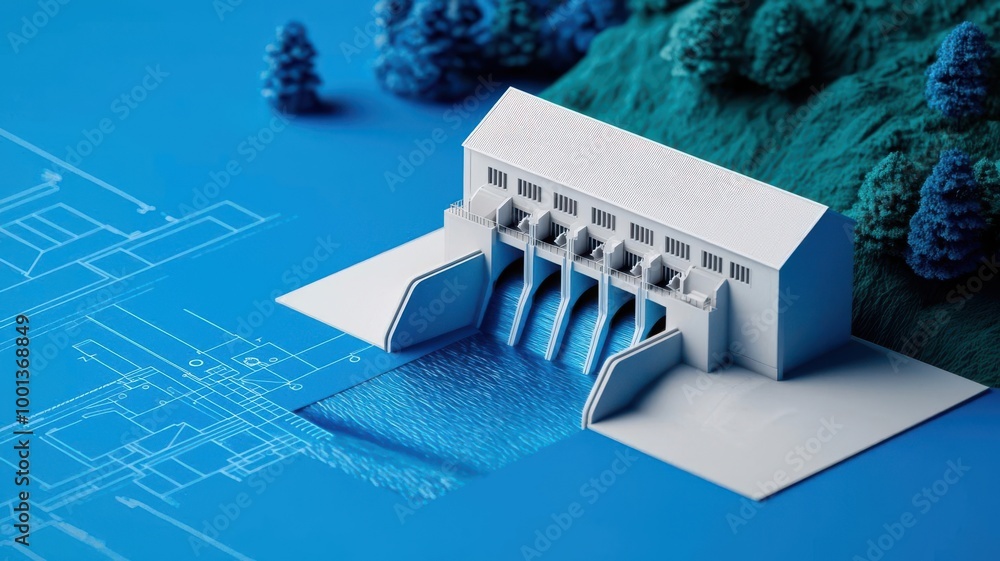 Civil engineering blueprints for a dam, showcasing water flow ...