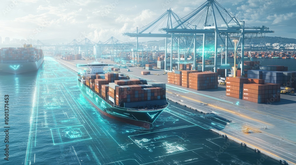 A futuristic port scene showcasing a container ship being loaded and ...