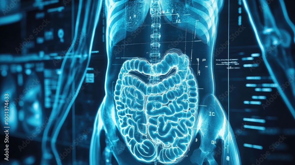High-tech X-ray image of human abdomen, focusing on internal organs ...