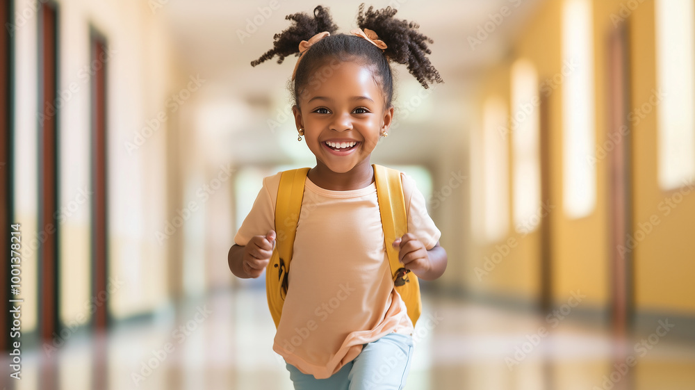 Inclusive image of a smiling african american school girl running down ...