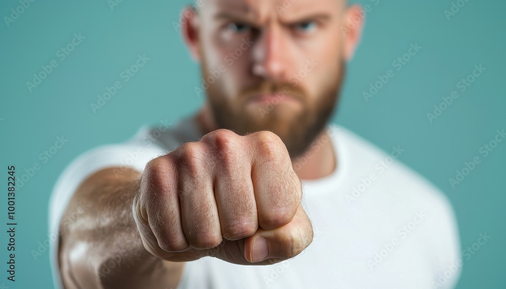 Man showing a strong fist in front of him, expressing determination and ...