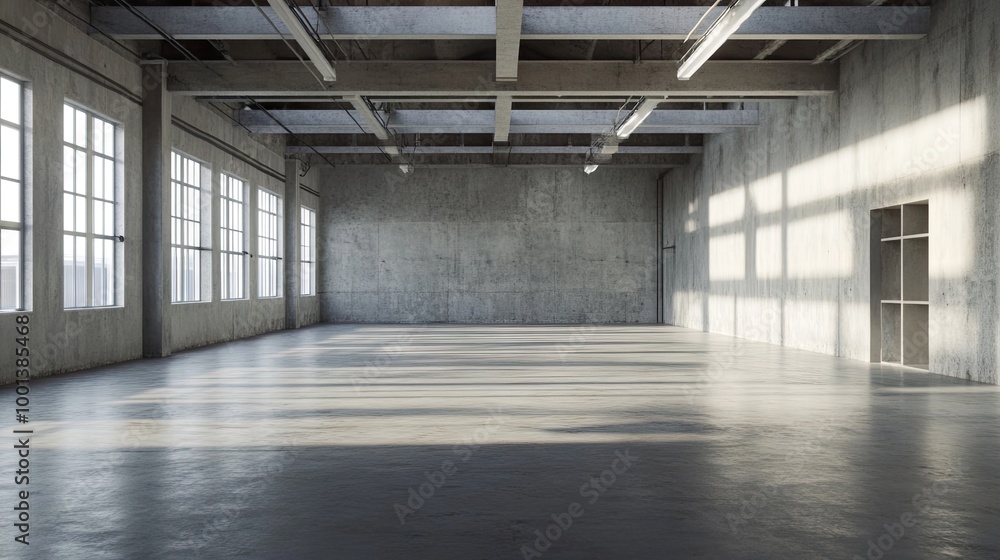 Interior of a high-ceiling warehouse hall converted into an open studio ...