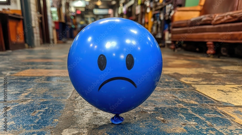 A deflated blue balloon with a sad face drawn on it rests on a worn ...