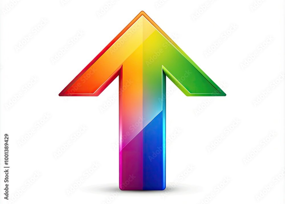 A stylized, modern arrow icon in bold, bright colors, pointing upwards ...