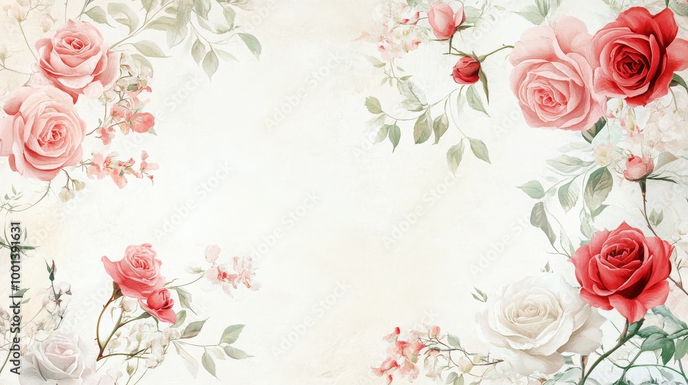 Delicate floral border with pink, red, and white roses. The soft colors ...