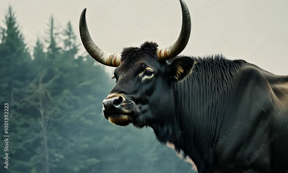 Black Bull in the Mist: A majestic black bull with long, curved horns ...
