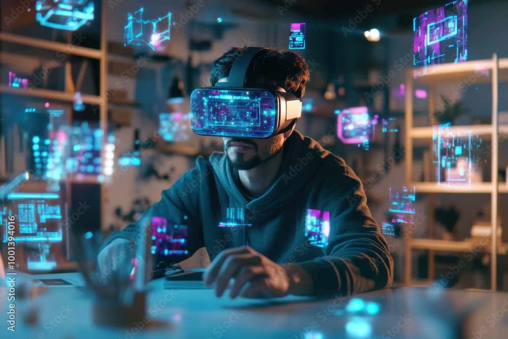 Virtual reality designer engaged in immersive 3D environment creation ...