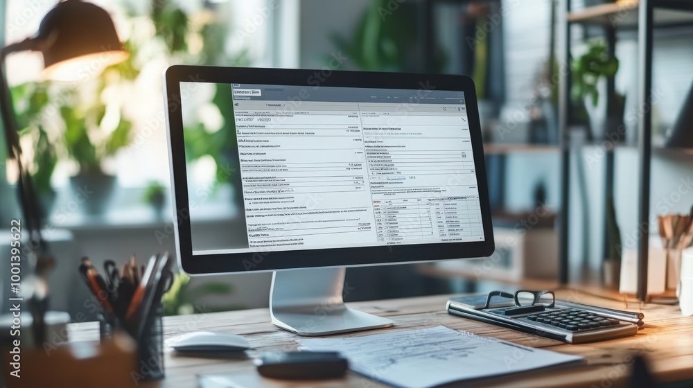 Detailed view of online tax forms and invoice software on a desktop ...
