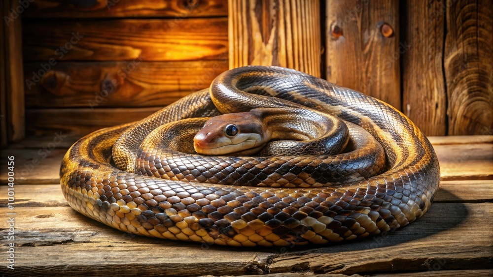 Coiled rat snake's scaly body glistens in warm sunlight, its brown and ...