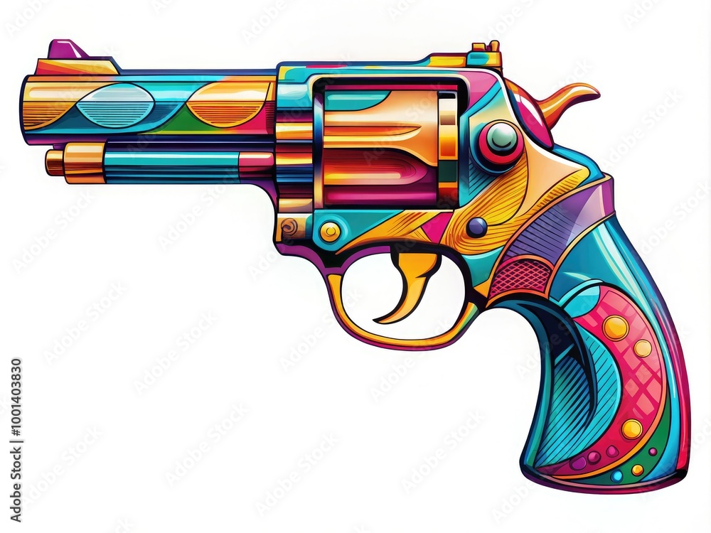 Colorful illustration of a comical revolver with oversize bullets ...