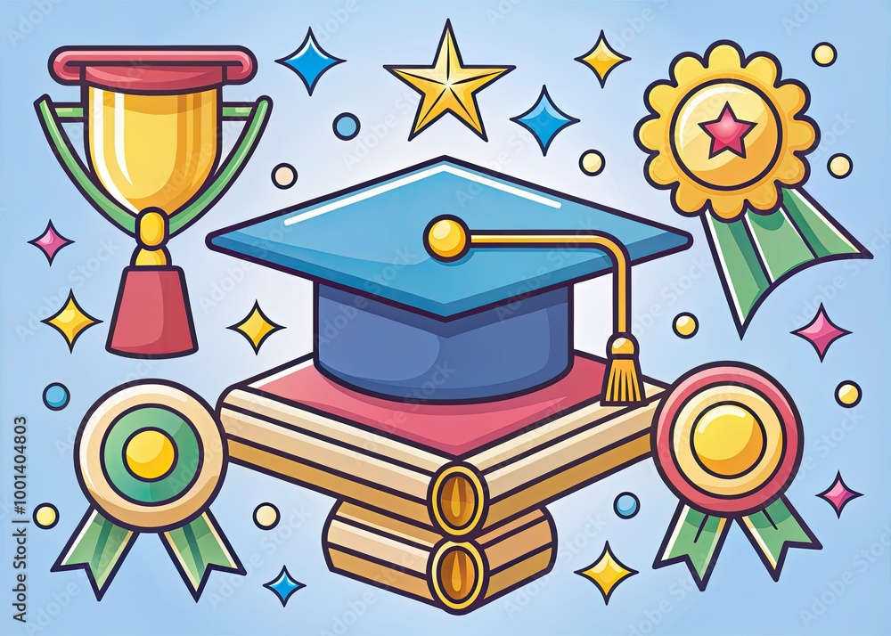 Colorful illustrations of academic symbols, including caps, diplomas ...