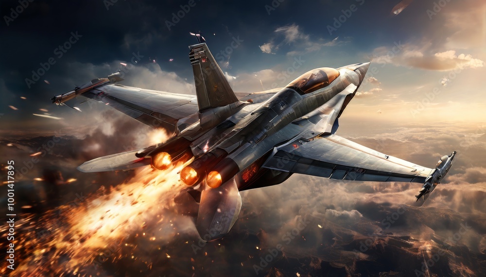 A powerful fighter jet roars through the clouds, with its afterburners ...
