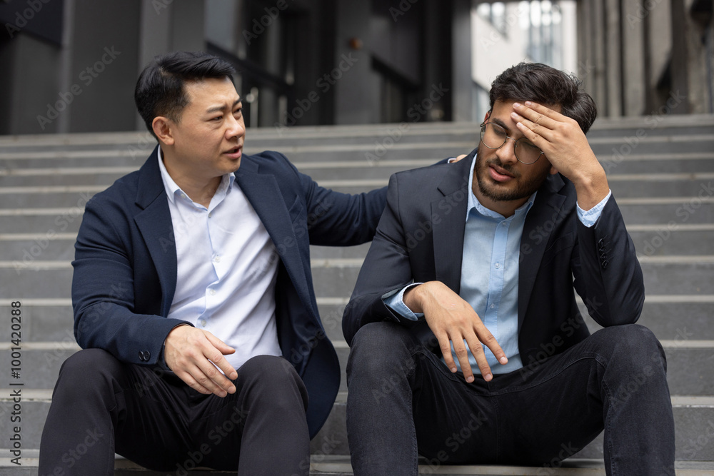 Business professional offering support to stressed colleague. Two men ...