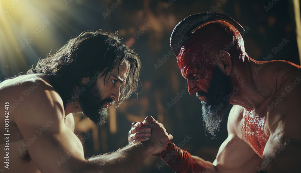 Jesus vs Satan. Armwrestling between Jesus and the devil. They both ...
