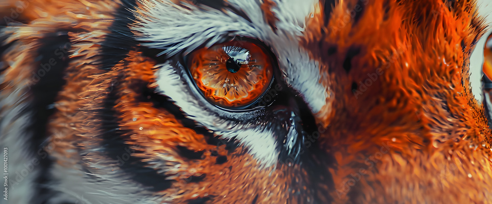 A striking close-up of a red tiger's eyes, capturing the intensity and ...