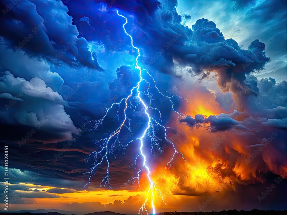 Electric blue lightning bolt with yellow and orange hues and jagged ...
