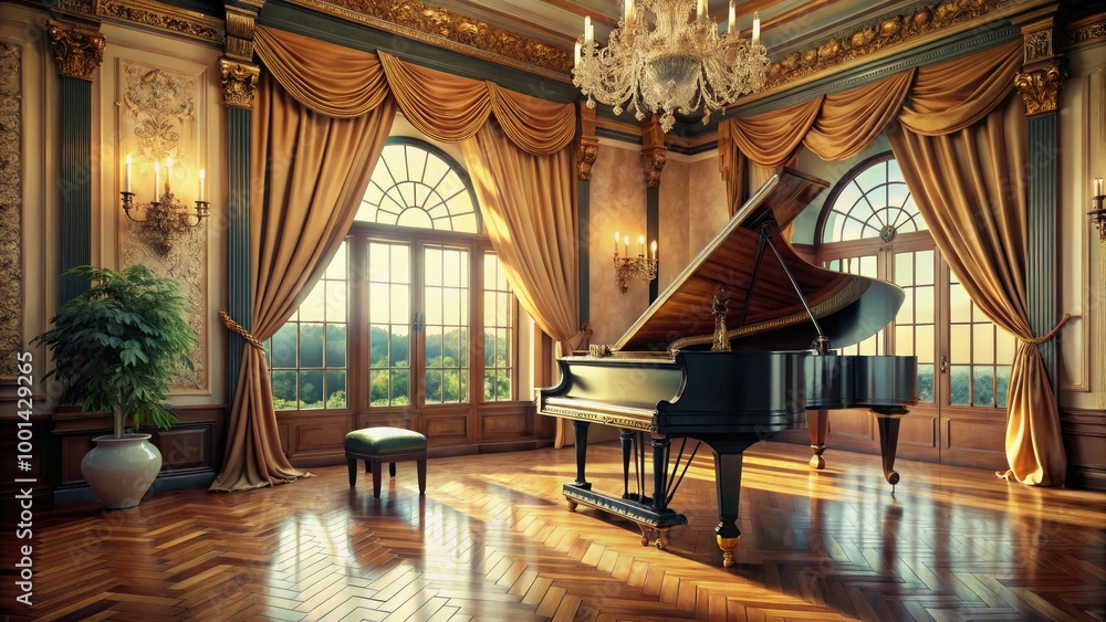 Elegant grand piano stands majestically on a polished wood floor in an ...