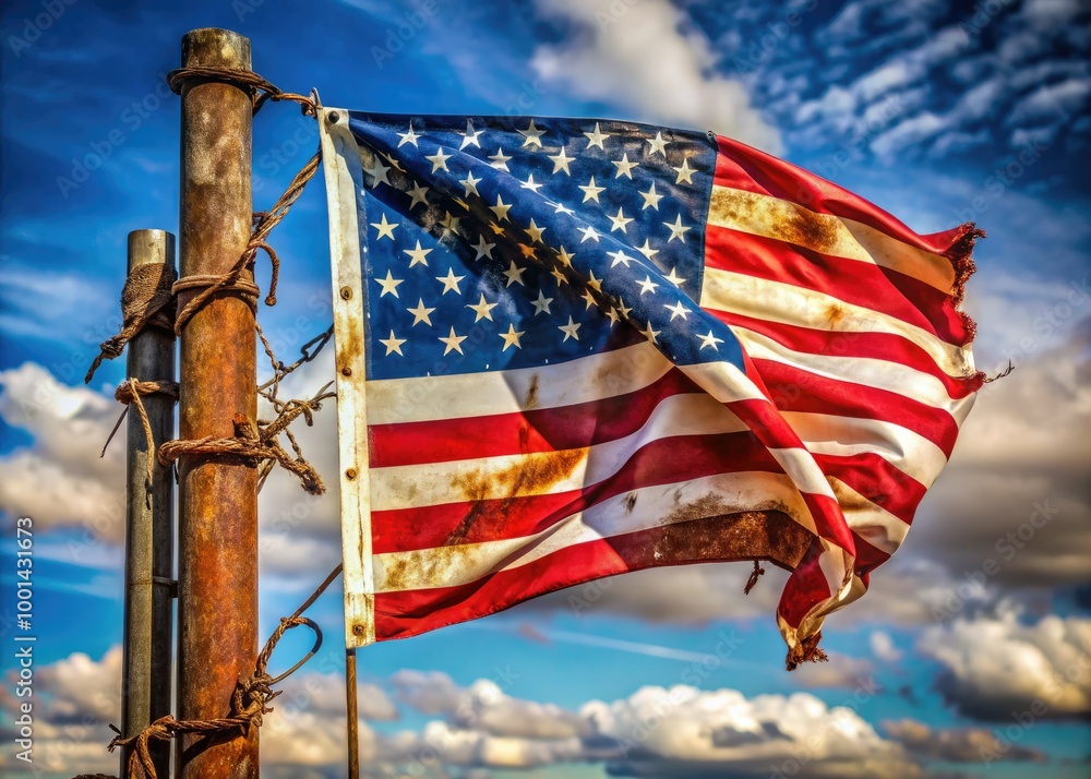 Fractured stars and stripes flail in the wind, a tattered American flag ...