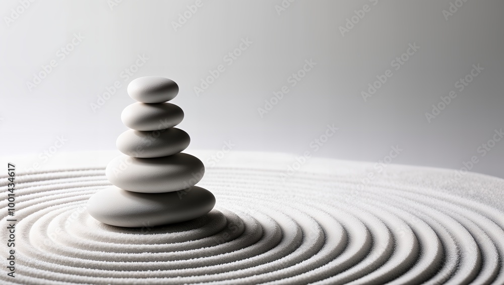 A minimalist and serene painting of a zen garden layout. A stack of ...