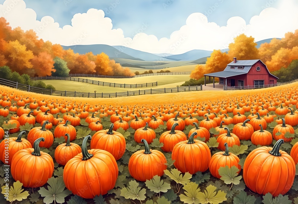 Hand drawn watercolor painting of pumpkin fields. Landscape painting ...